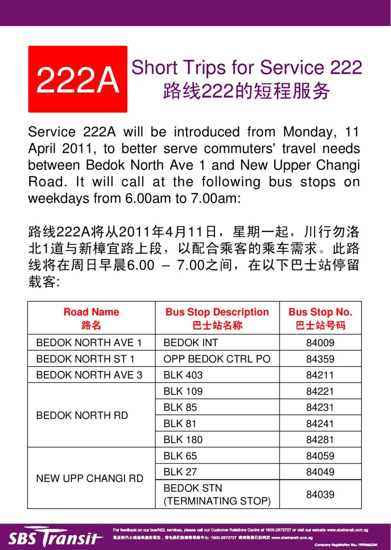 SBS Transit Feeder Bus Service 222A | Land Transport Guru