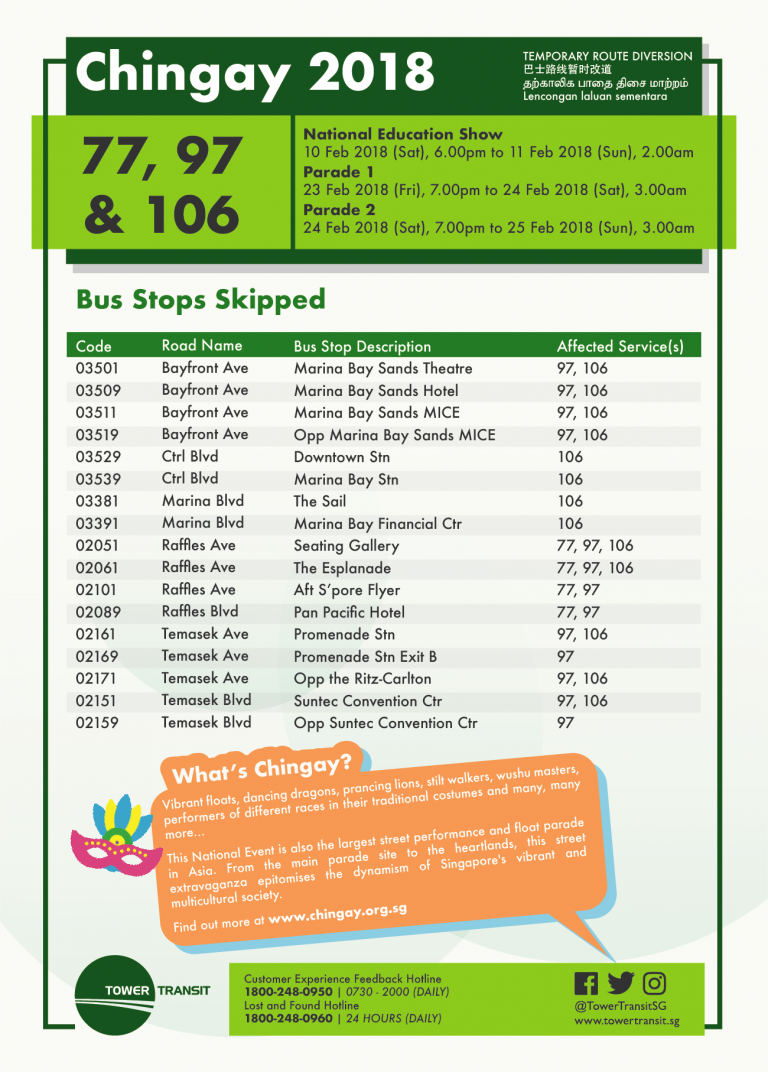Tower Transit Bus Diversion Poster for Chingay 2018 | Land Transport Guru