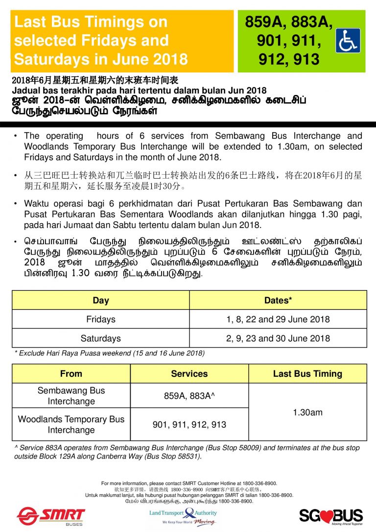 SMRT Buses Poster for Extension of Last Bus Timings during NSL Early ...