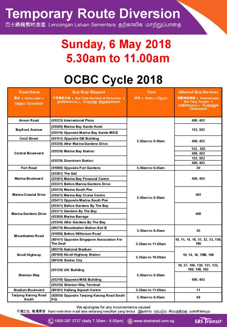 SBS Transit Bus Diversion Poster for OCBC Cycle 2018 | Land Transport Guru