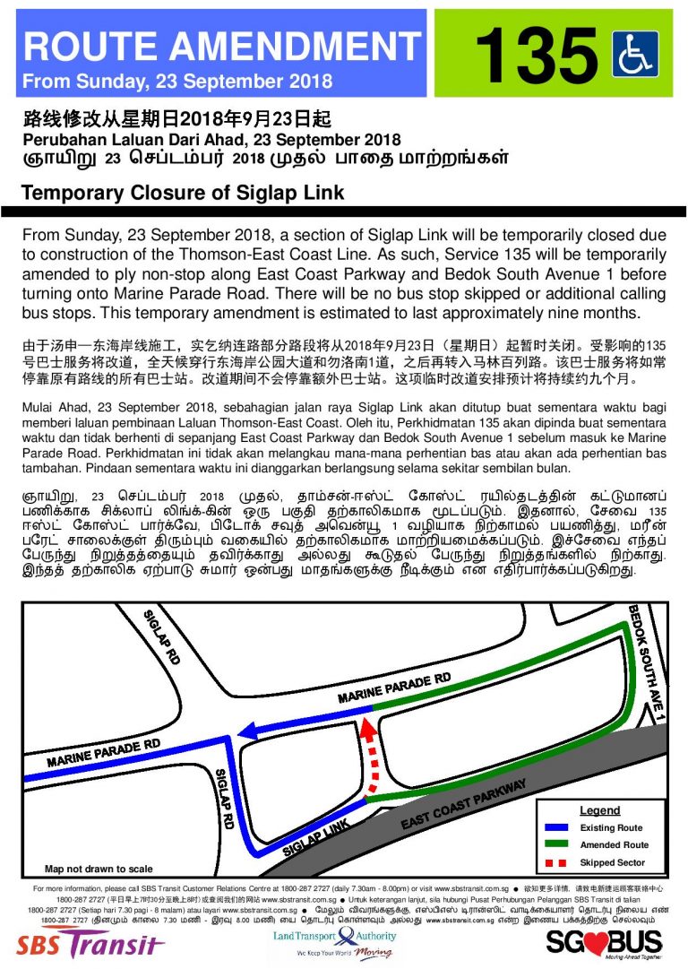 SBS Transit Poster for Service 135 – Temporary Closure of Siglap Link ...