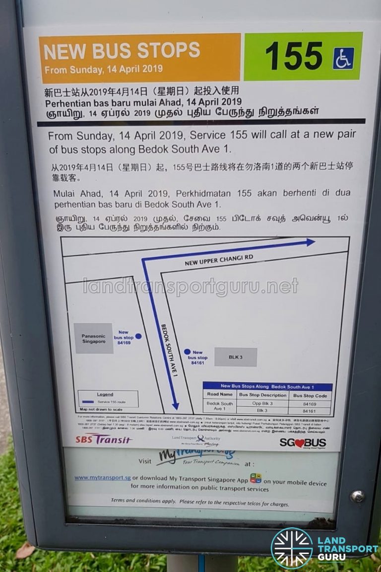 New Bus Stops Poster for Bus Service 155 along Bedok South Avenue 1 ...