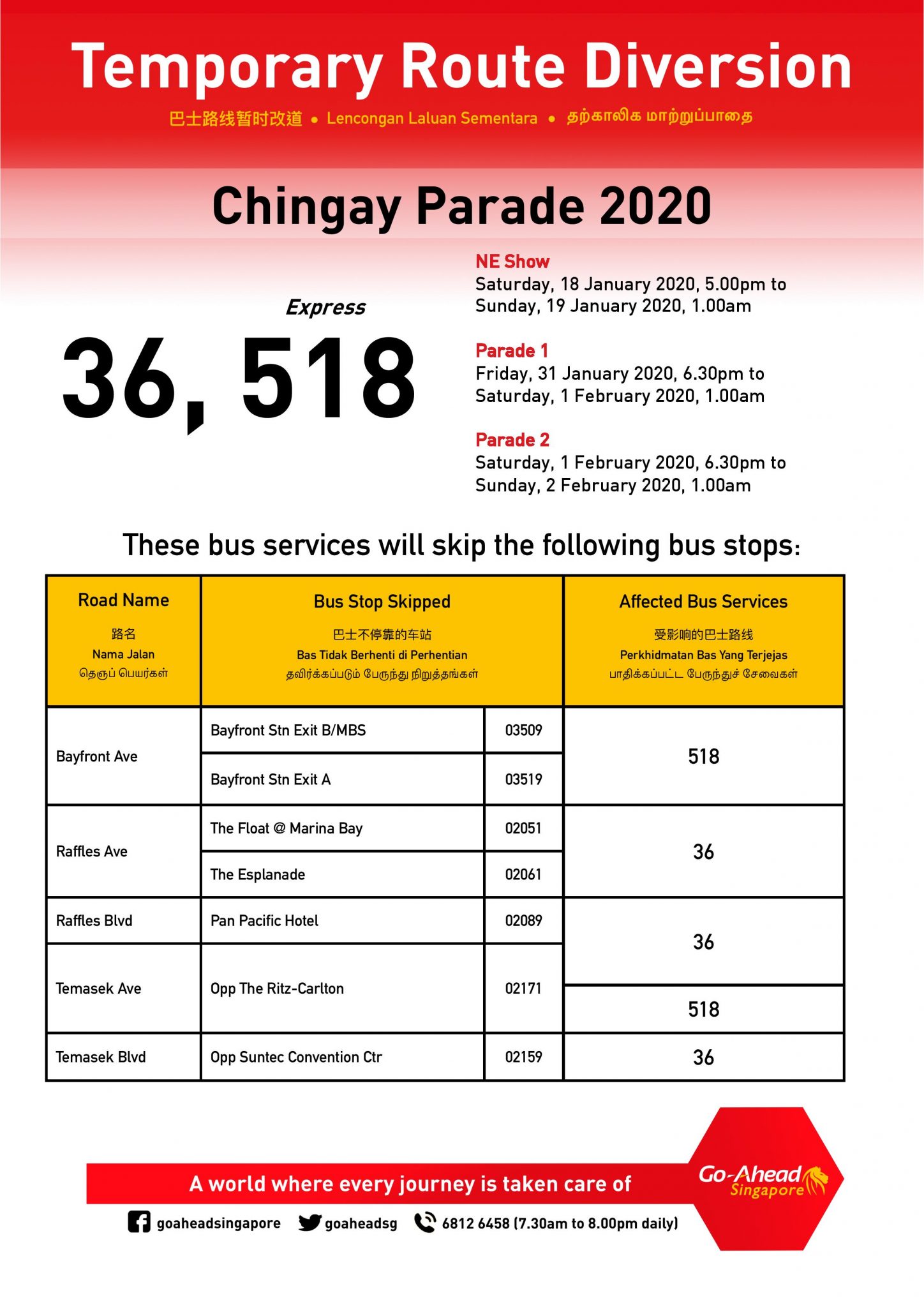 Go-Ahead Singapore Temporary Route Diversion Poster for Chingay 2020 ...
