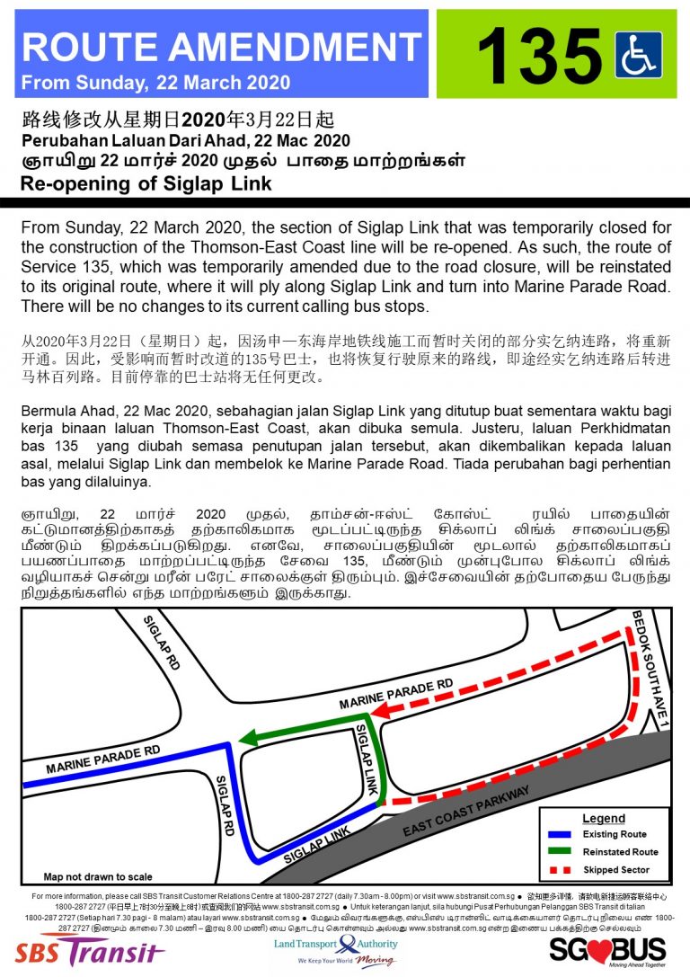 Service 135 Route Amendment for re-opening of Siglap Link | Land ...
