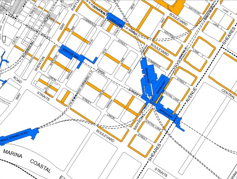Marina Bay underground pedestrian links highlighted in yellow (Photo ...