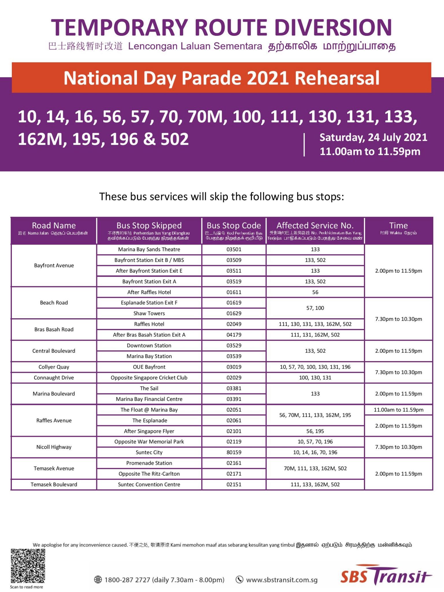 SBS Transit Temporary Route Diversion Poster For National Day Parade SBS Transit Temporary Route Diversion Poster For National Day Parade