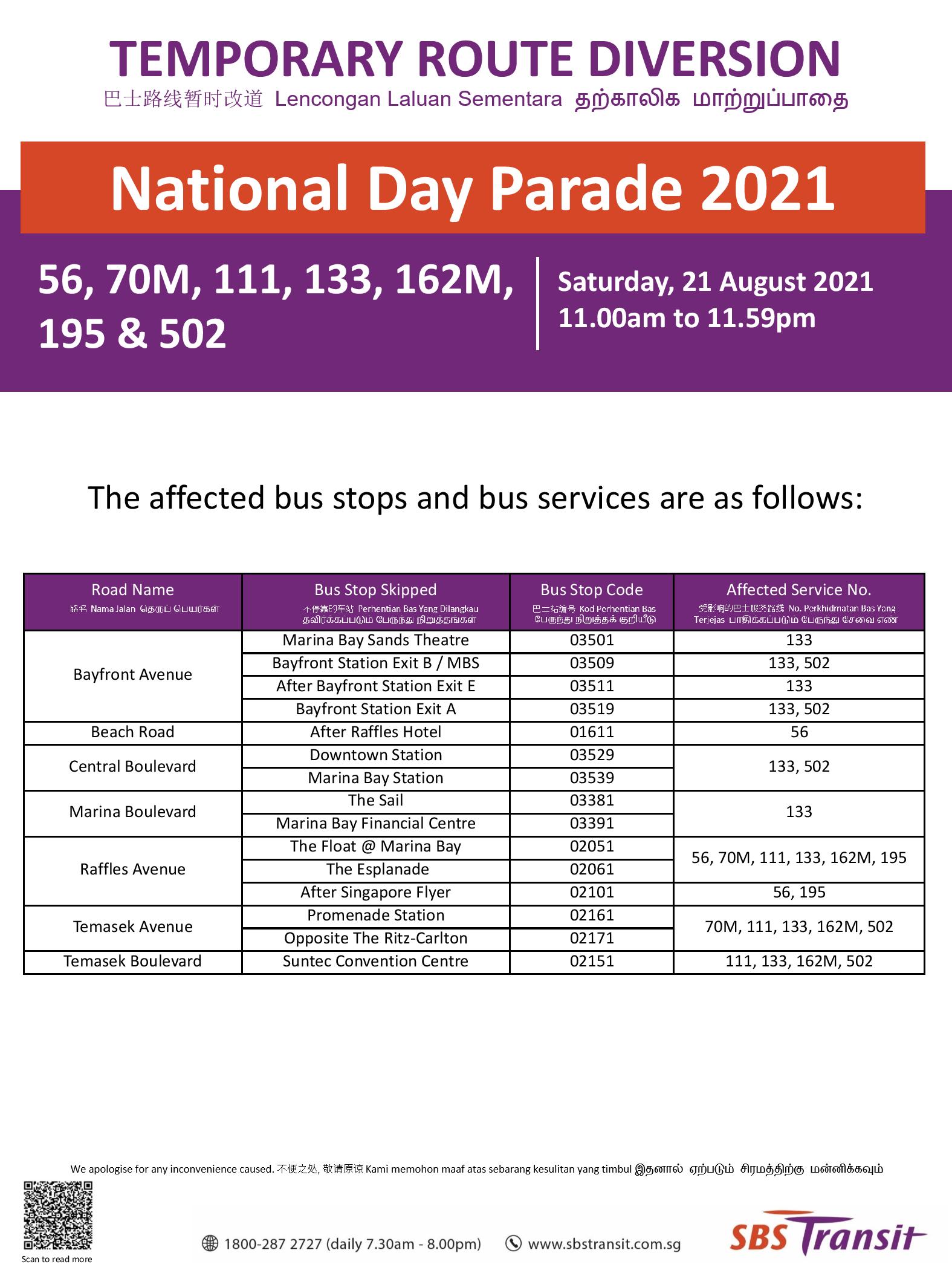 SBS Transit Temporary Route Diversion Poster For National Day Parade SBS Transit Temporary Route Diversion Poster For National Day Parade
