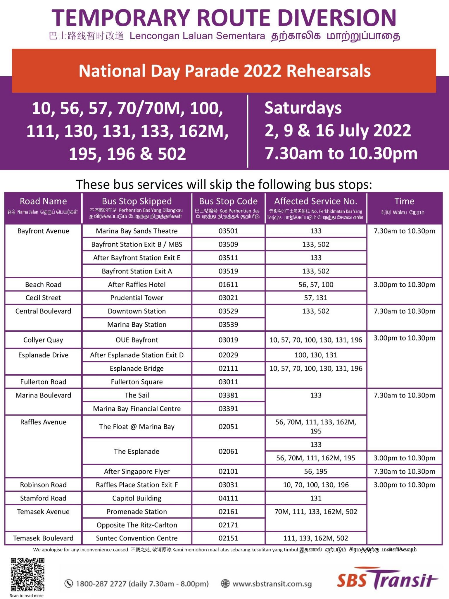 SBS Transit Temporary Route Diversion Poster For National Day Parade SBS Transit Temporary Route Diversion Poster For National Day Parade