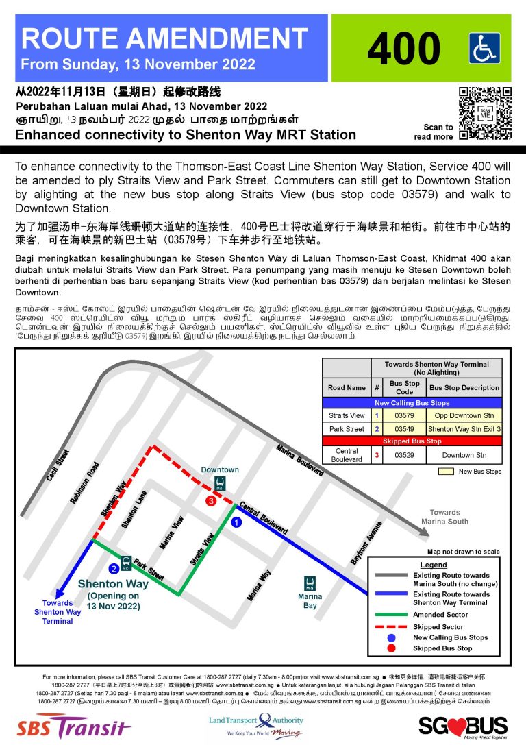 SBS Transit Poster for Service 400 Amendment to Shenton Way MRT Station ...