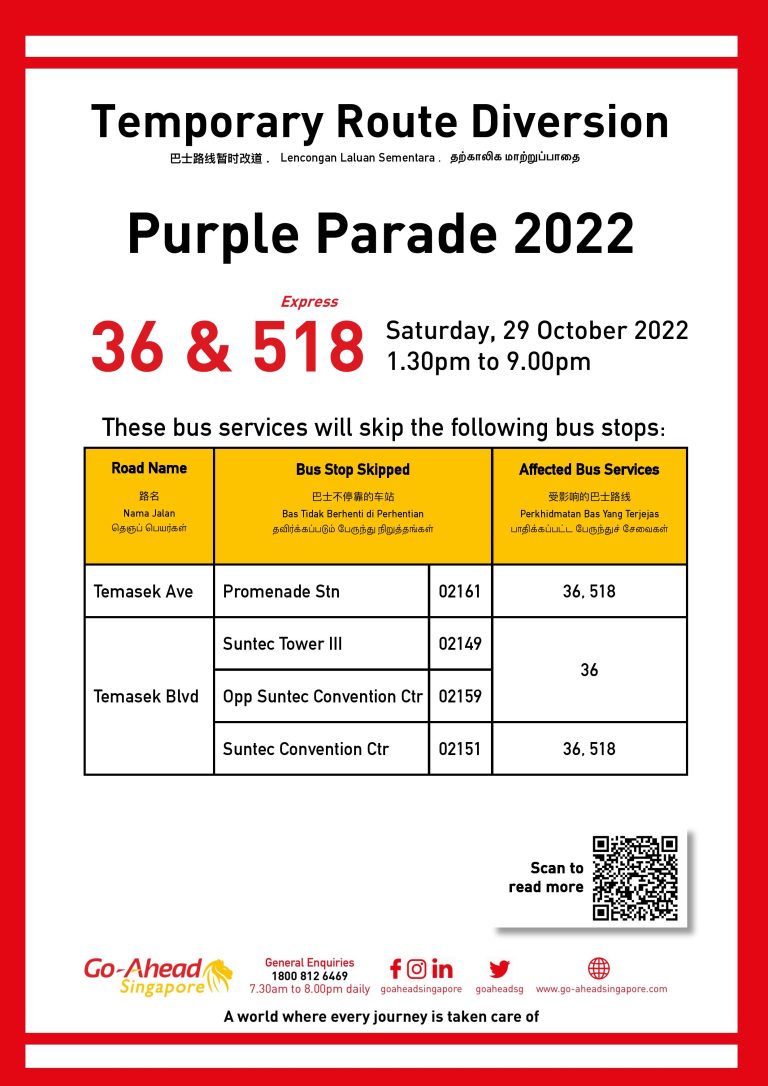 Go-Ahead Singapore Temporary Route Diversion Poster for Purple Parade ...