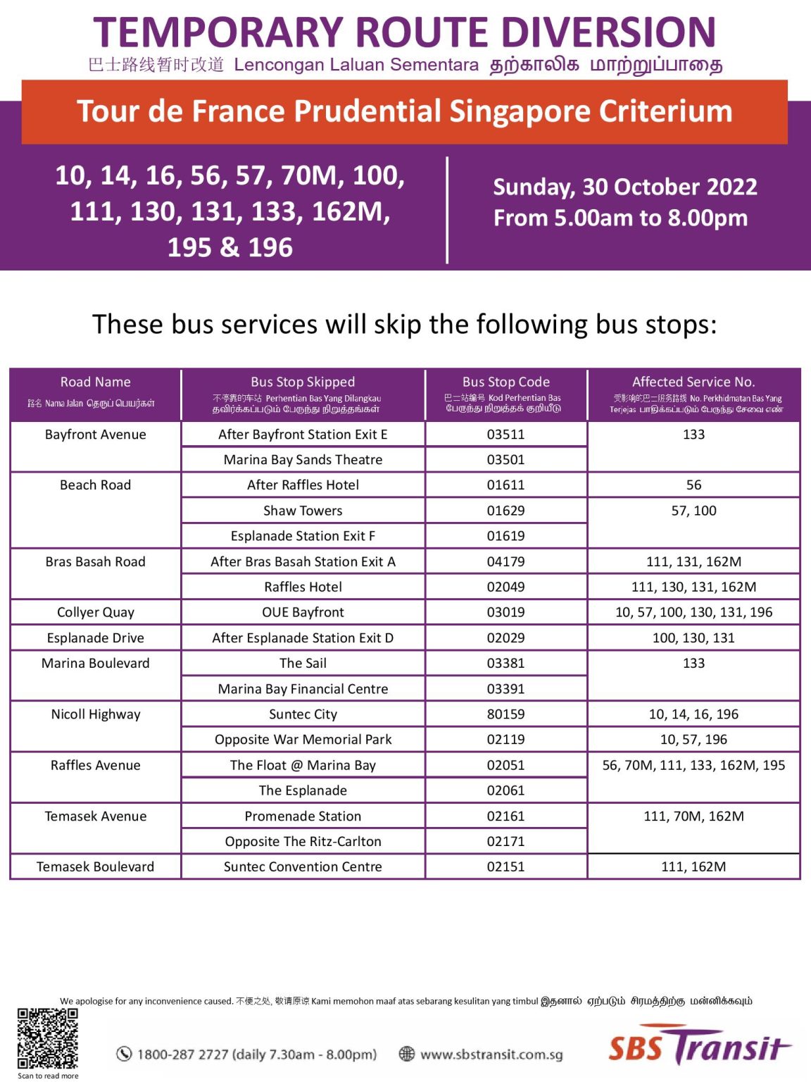 SBS Transit Temporary Route Diversion Poster For Tour De France