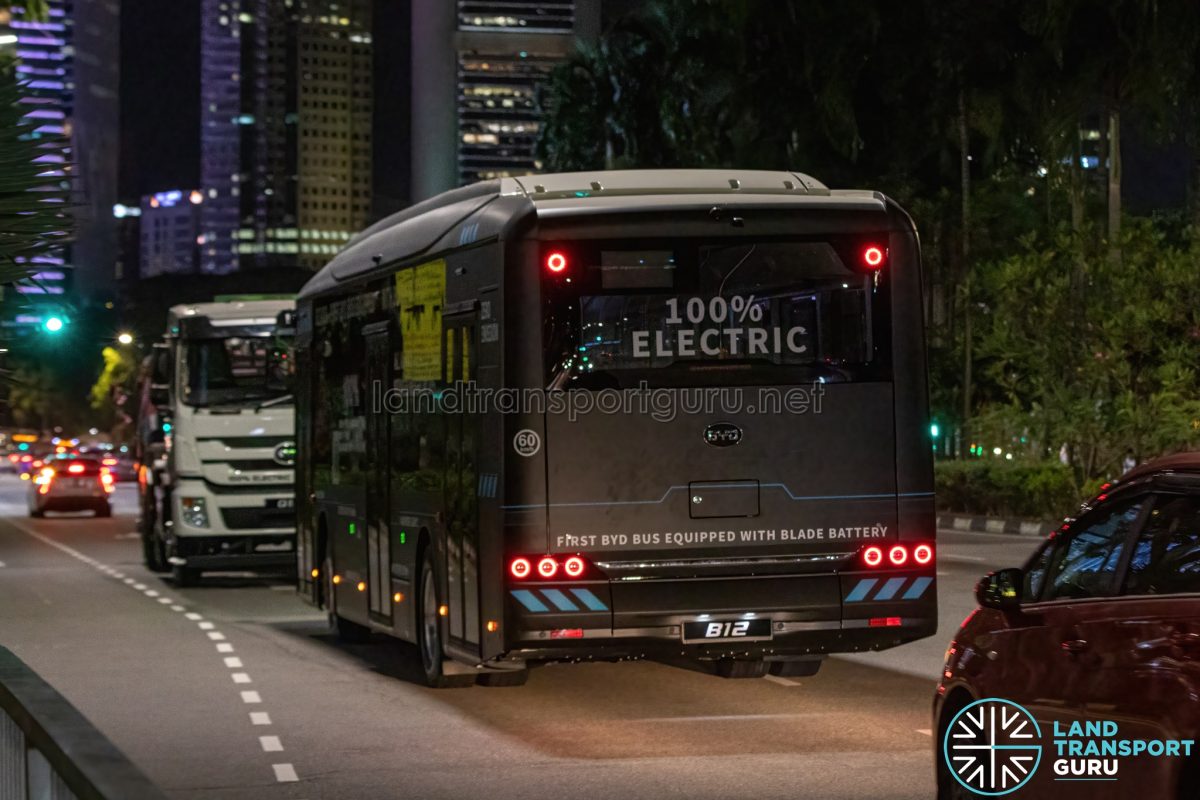 BYD B12A03 bus departing Suntec Convention Centre after SITCE 2022 | Land Transport Guru