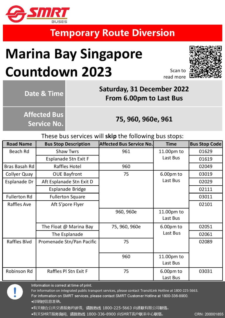 SMRT Buses Temporary Route Diversion Poster for Marina Bay Singapore ...