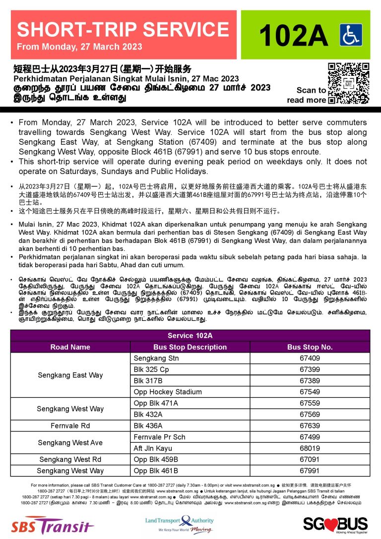 SBS Transit Poster for New Short Trip Service 102A | Land Transport Guru