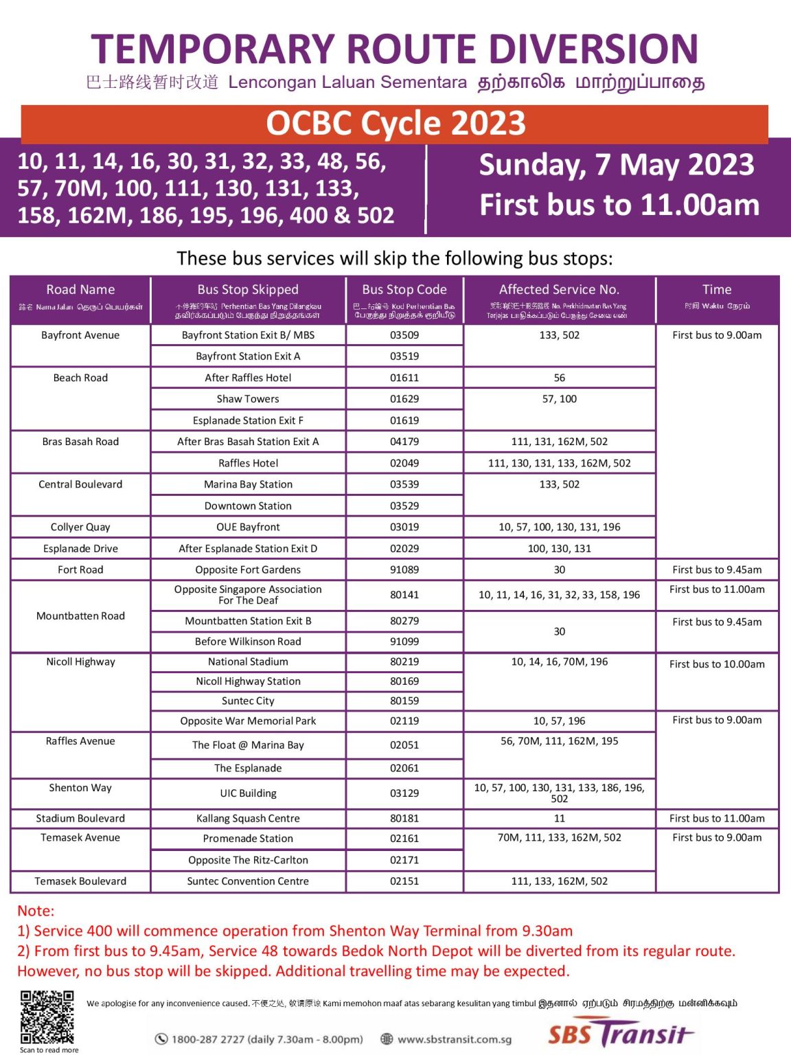 SBS Transit Temporary Route Diversion Poster for OCBC Cycle 2023 | Land ...