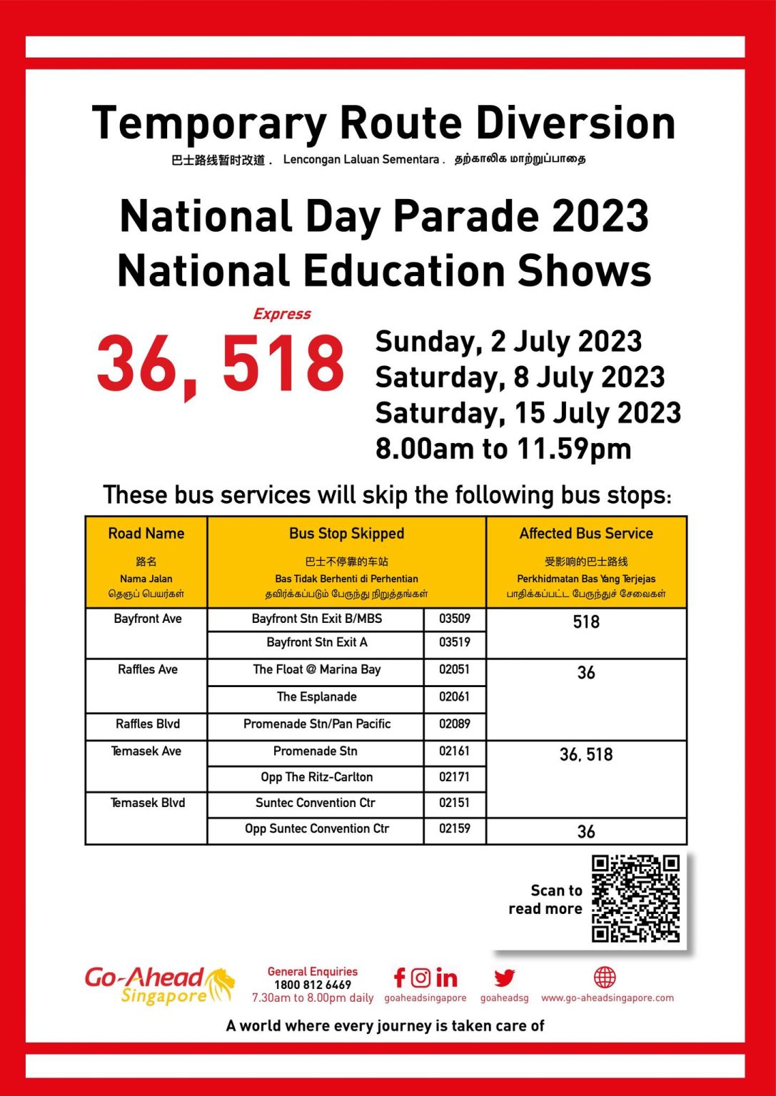 Go-Ahead Singapore Temporary Route Diversion Poster for NDP 2023 ...