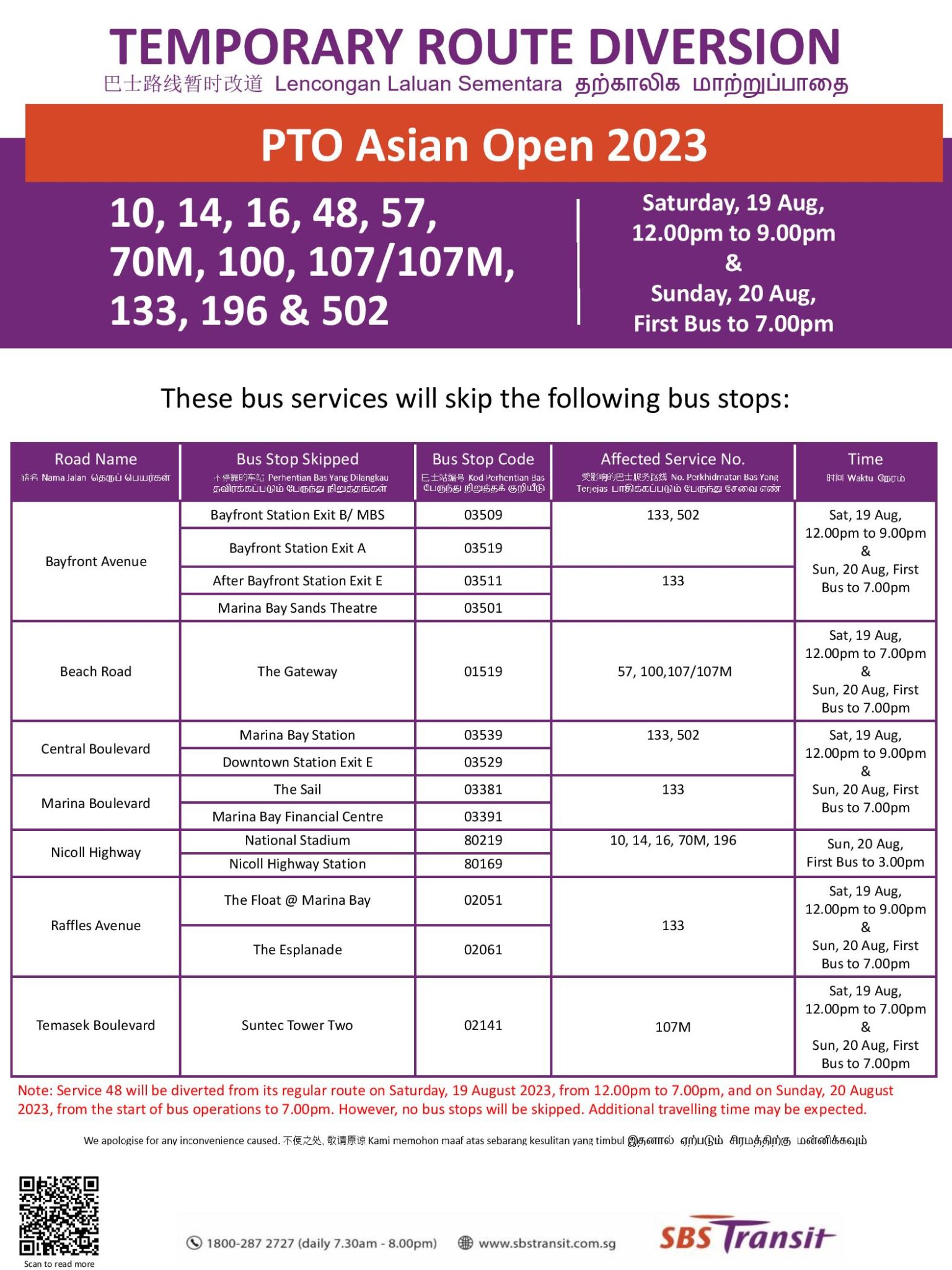 SBS Transit Temporary Route Diversion Poster for PTO Asian Open 2023 ...
