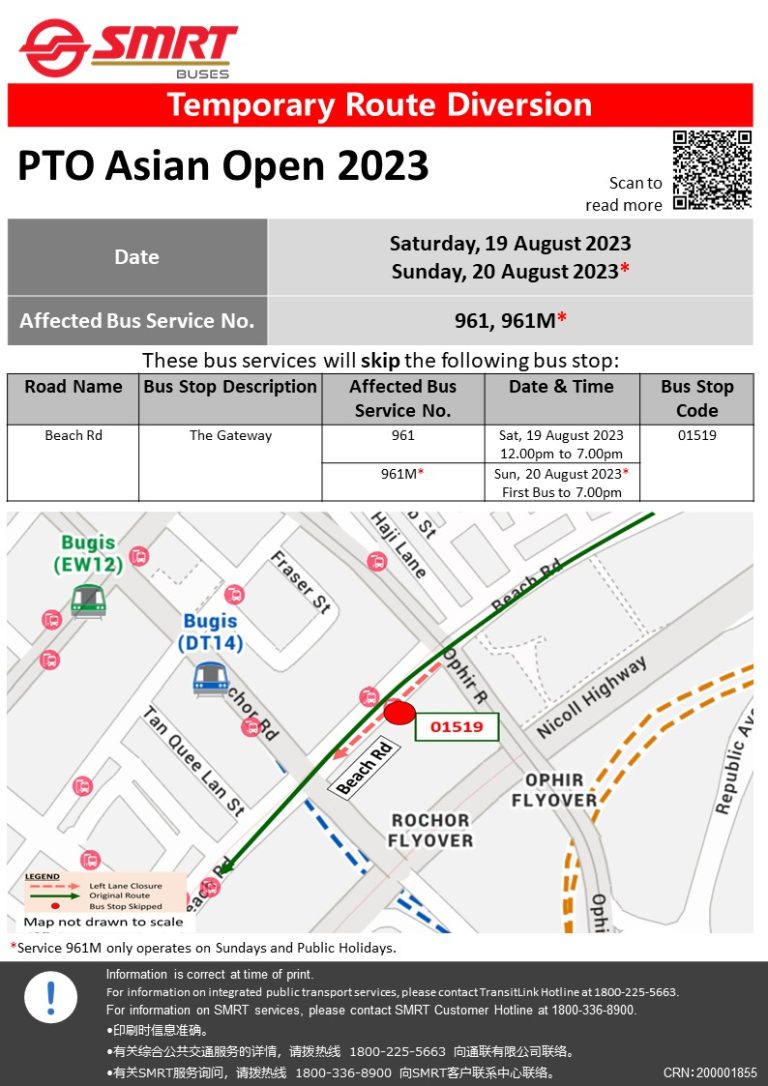 SMRT Buses Temporary Route Diversion Poster for PTO Asian Open 2023 ...