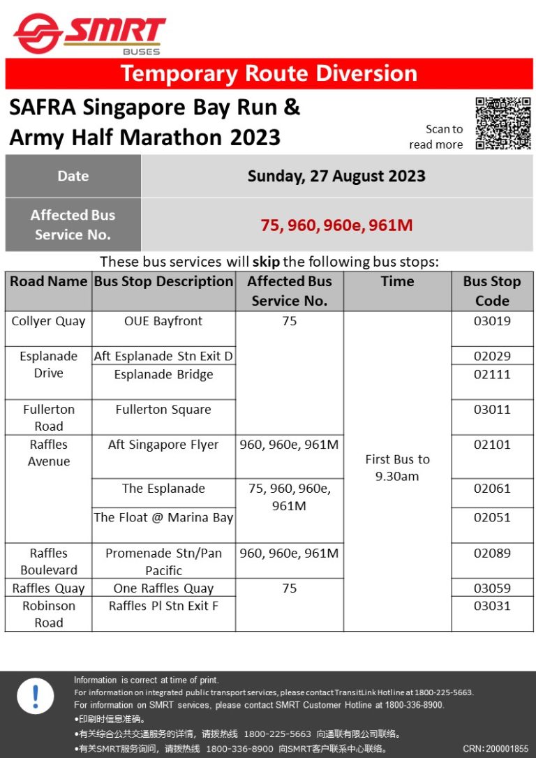 SMRT Buses Temporary Route Diversion Poster for SAFRA Singapore Bay Run ...