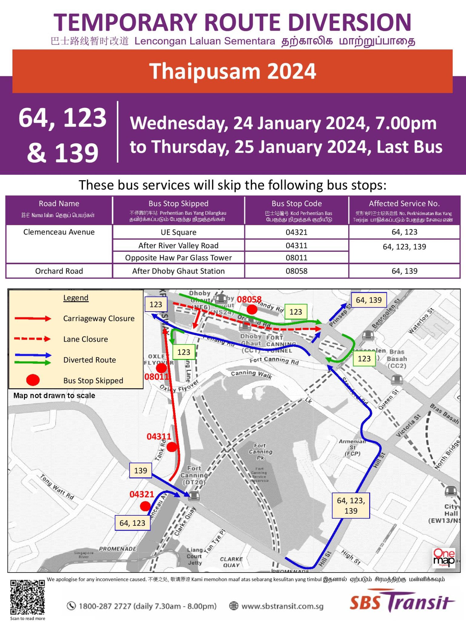 SBS Transit Temporary Route Diversion Poster for Thaipusam 2024 | Land ...
