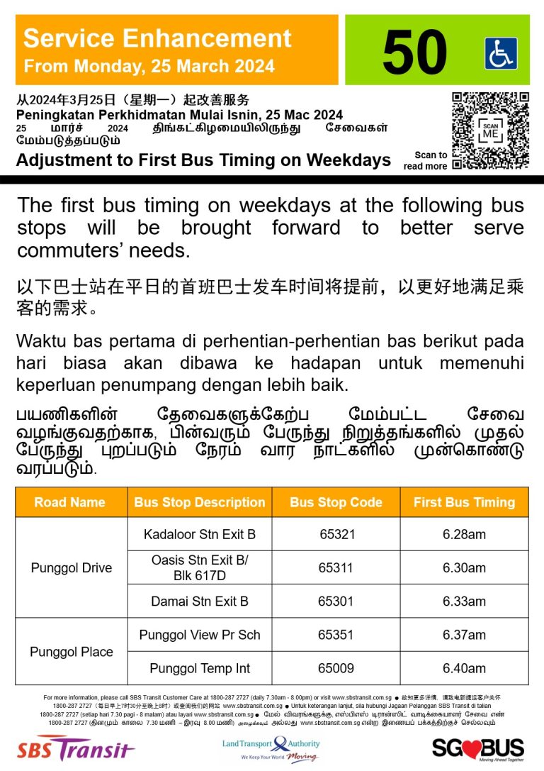 SBS Transit Poster for Service 50 Enhancement | Land Transport Guru