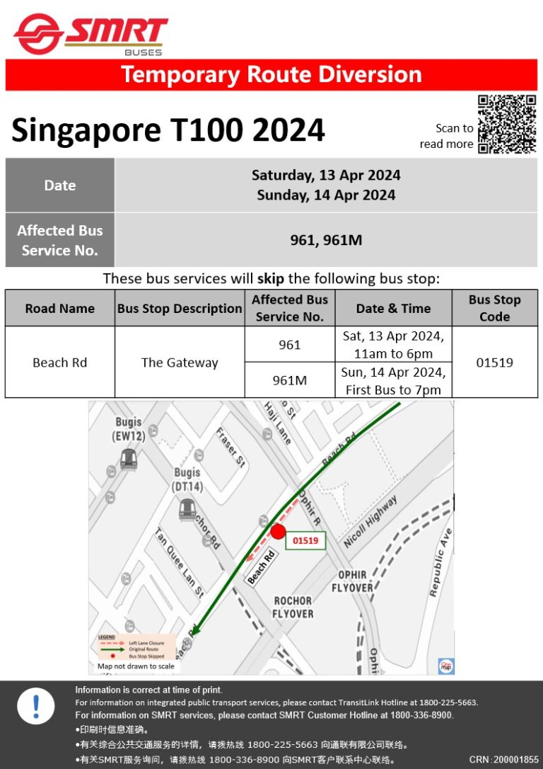 SMRT Buses Temporary Route Diversion Poster for Singapore T100 2024 ...