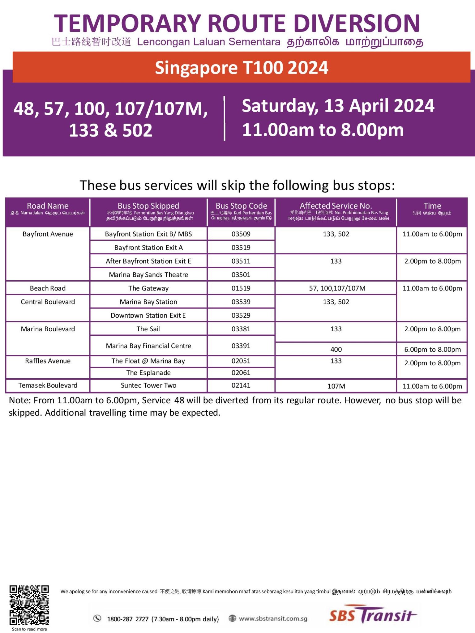SBS Transit Temporary Route Diversion Poster for Singapore T100 2024 ...