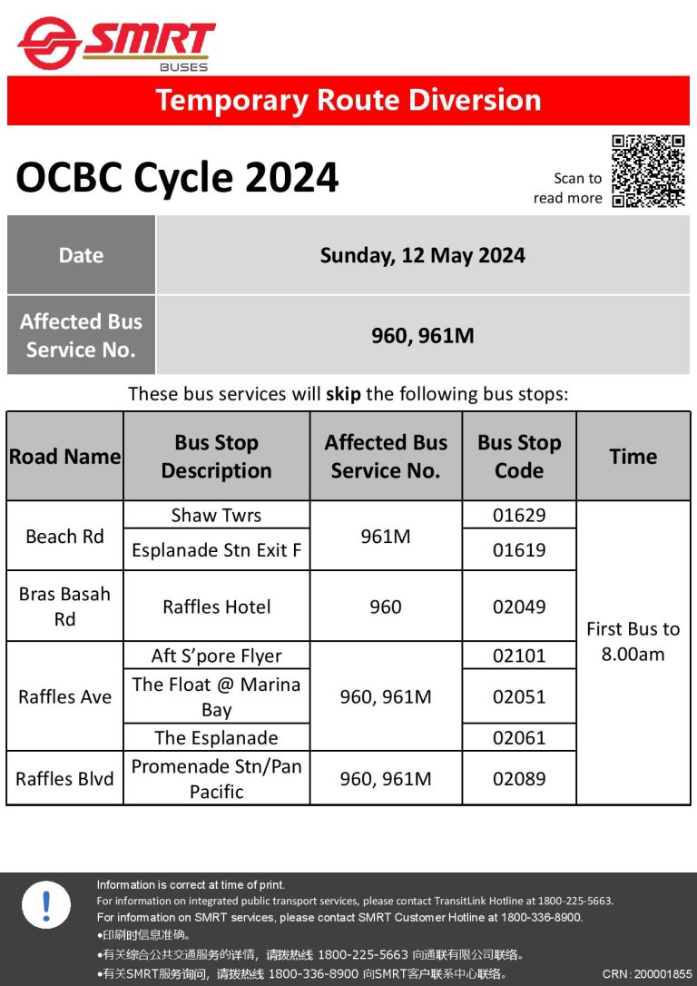 SMRT Buses Temporary Route Diversion Poster for OCBC Cycle 2024 | Land ...