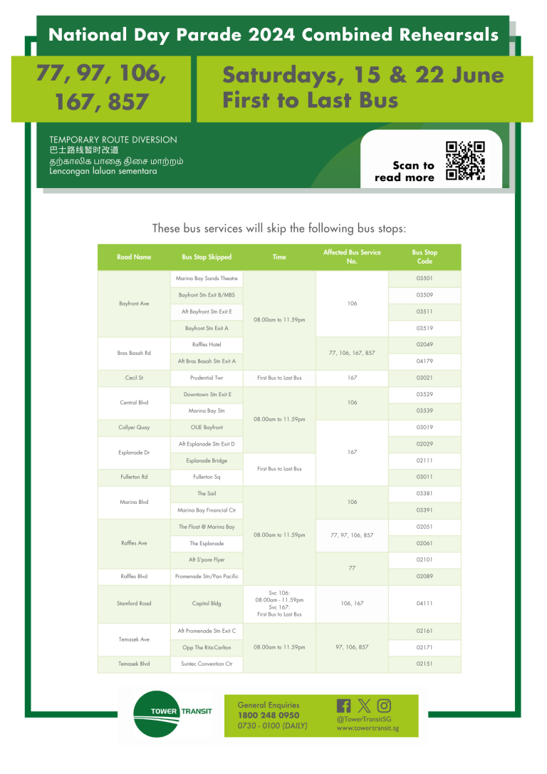 Tower Transit Temporary Route Diversion Poster for NDP 2024 CR1 & CR2 ...