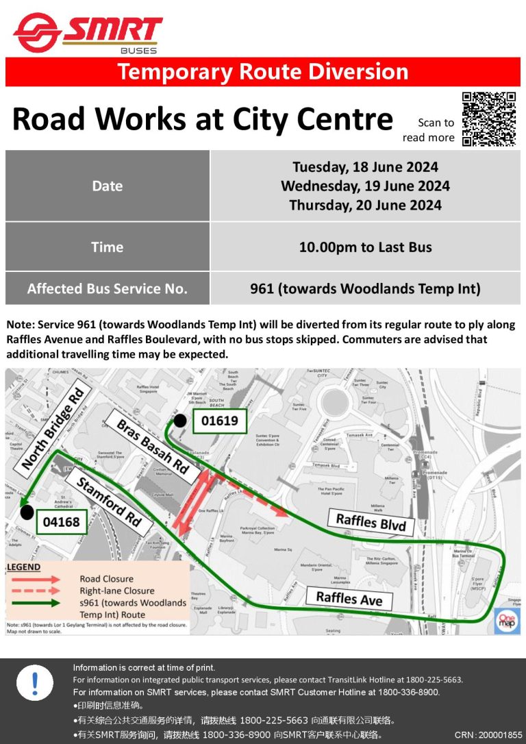 SMRT Buses Temporary Route Diversion Poster for Road Works at City ...