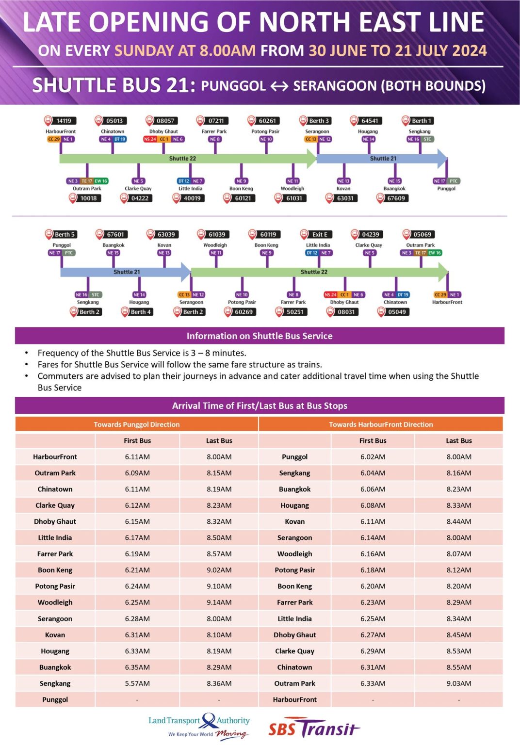 SBS Transit Poster for Shuttle 21 during NEL Late Opening (Jun / Jul ...