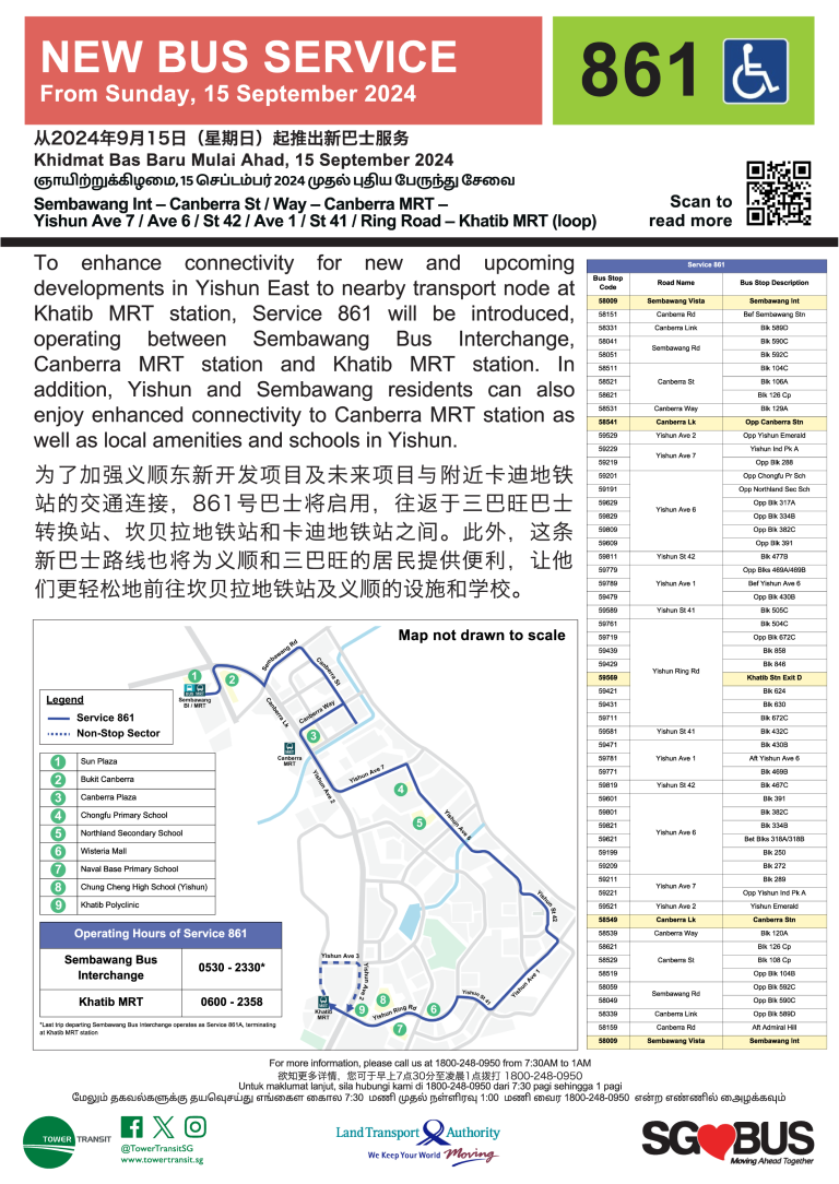 Tower Transit Poster for New Bus Service 861 (EN/CN) | Land Transport Guru