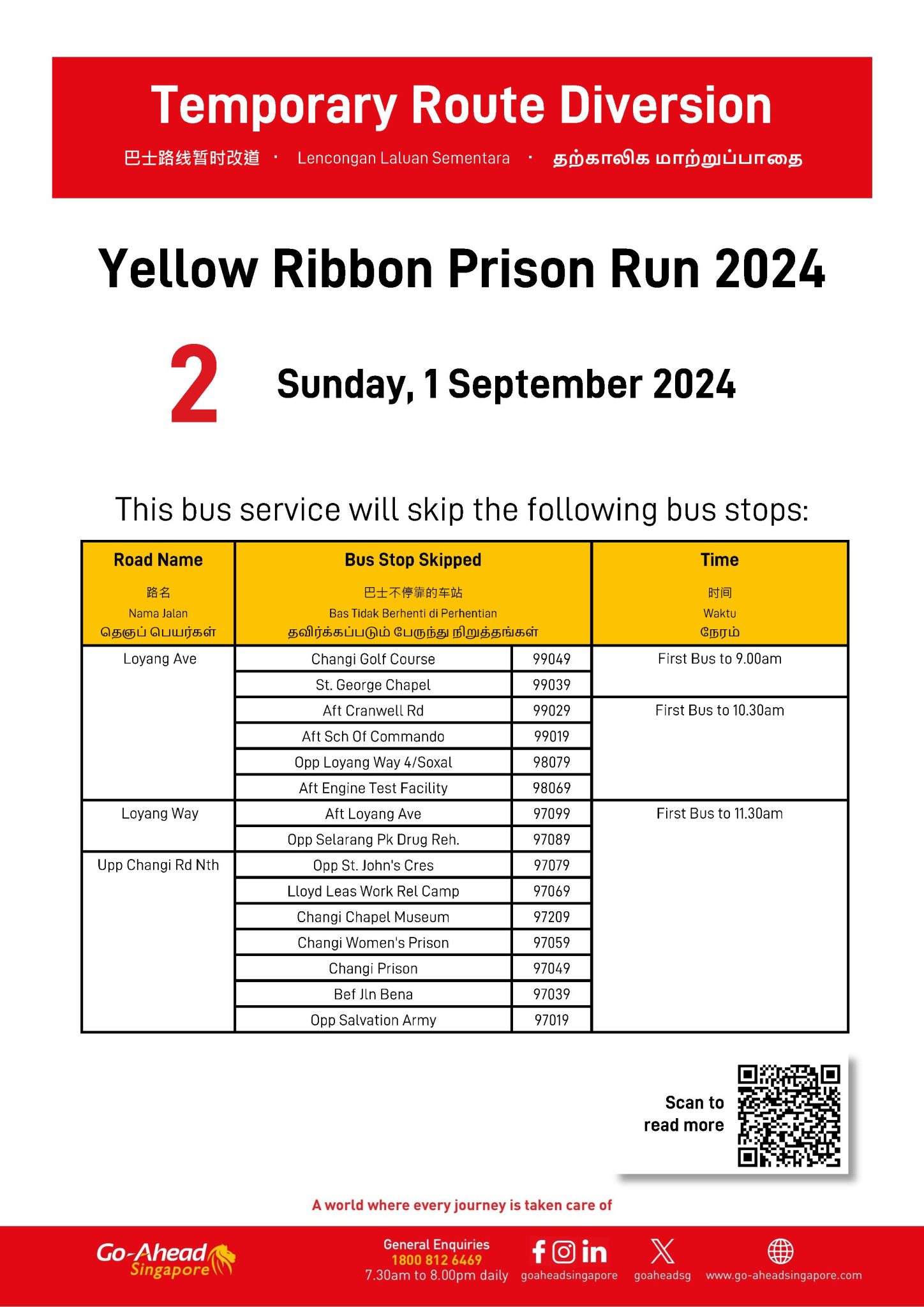 Go-Ahead Singapore Temporary Route Diversion Poster for Yellow Ribbon ...