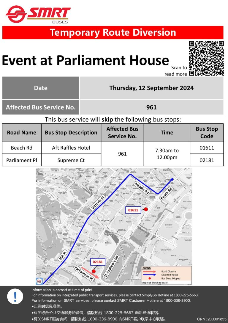 SMRT Buses Temporary Route Diversion for Event at Parliament House ...