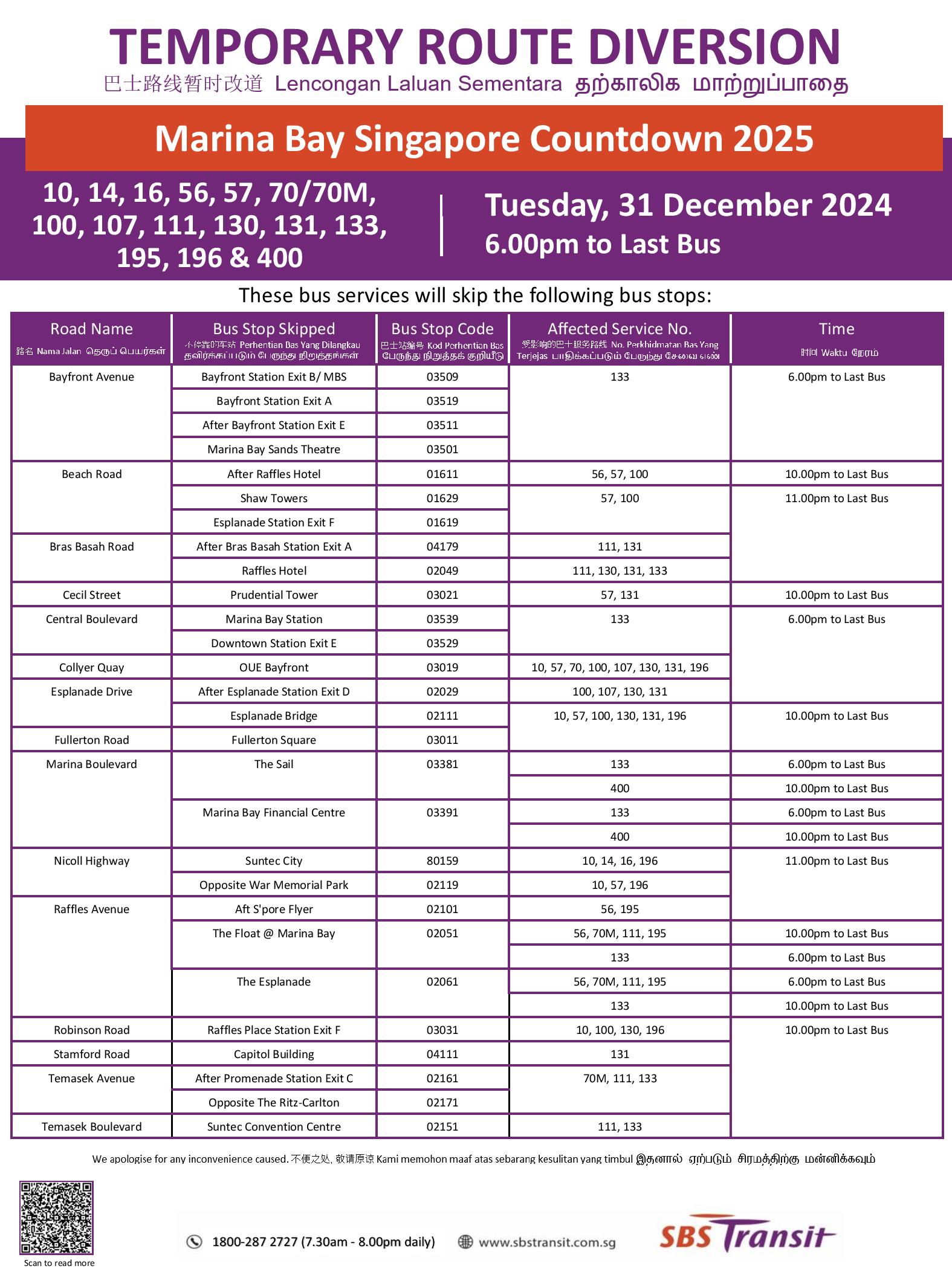 SBS Transit Temporary Route Diversion Poster for Marina Bay Singapore Countdown 2025 | Land ...