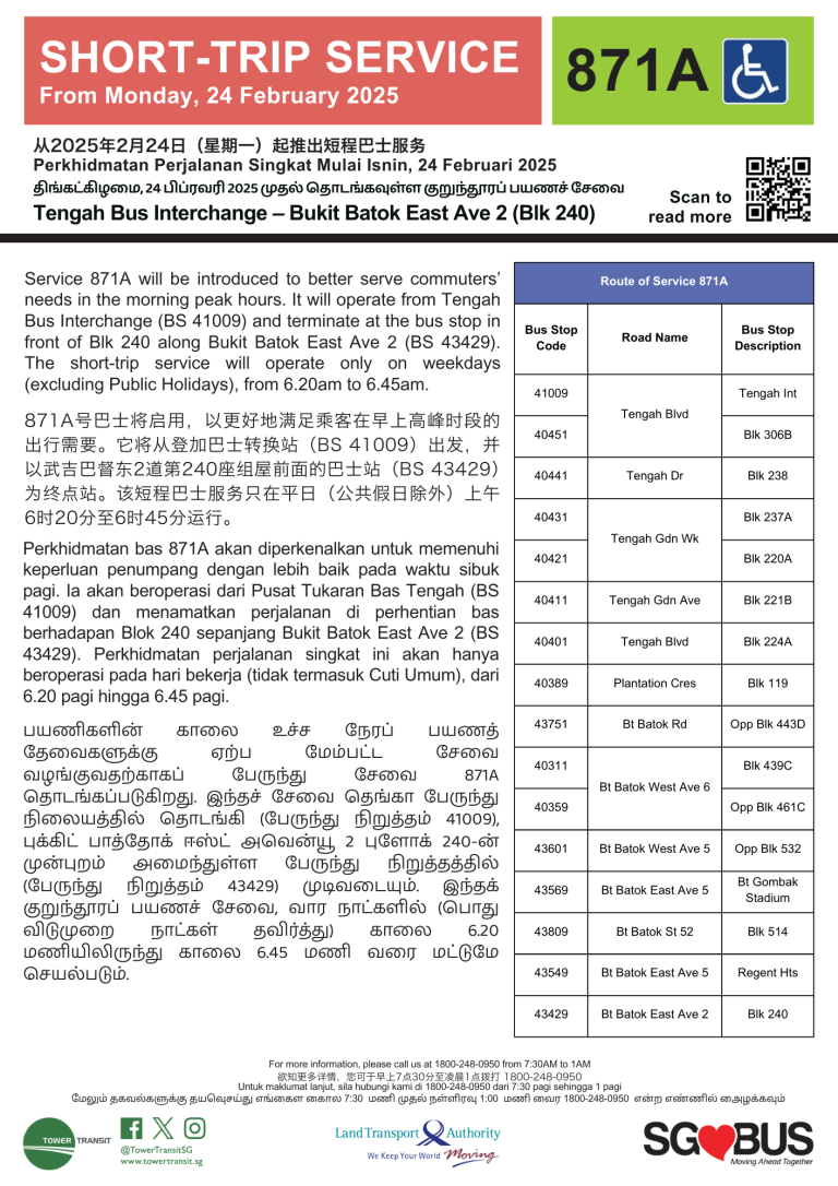 Tower Transit Poster for New Short Trip Service 871A | Land Transport Guru