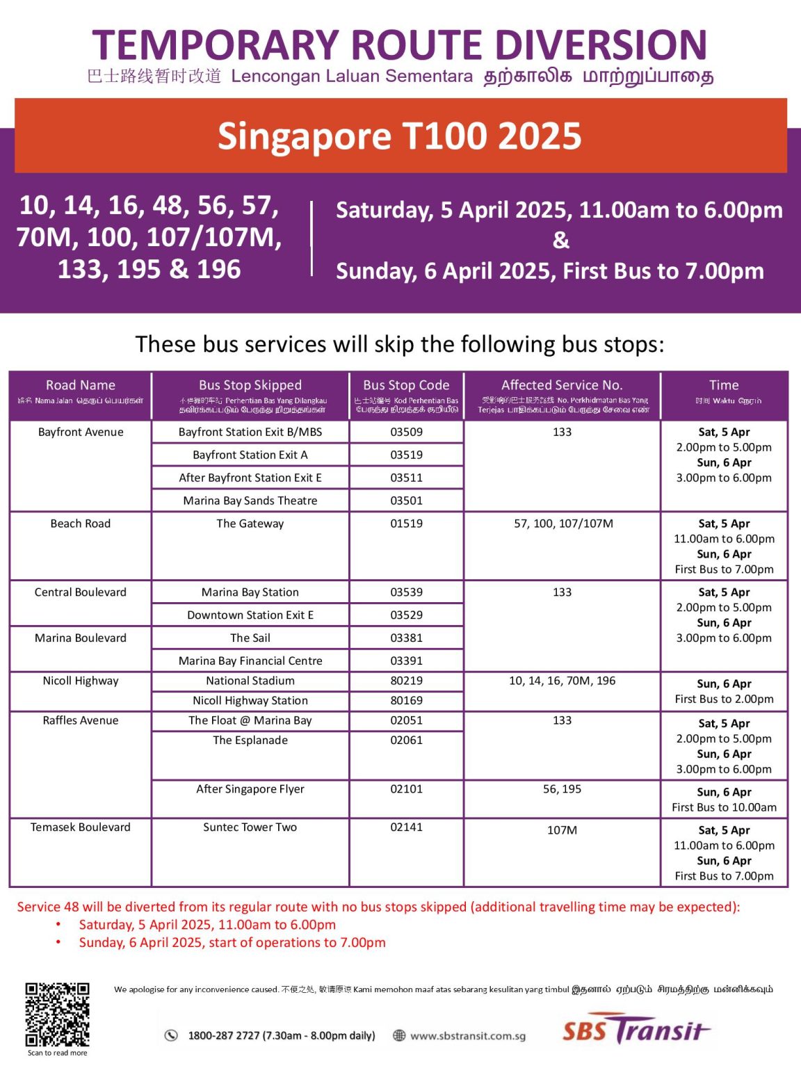 SBS Transit Temporary Route Diversion Poster for Singapore T100 2025 ...