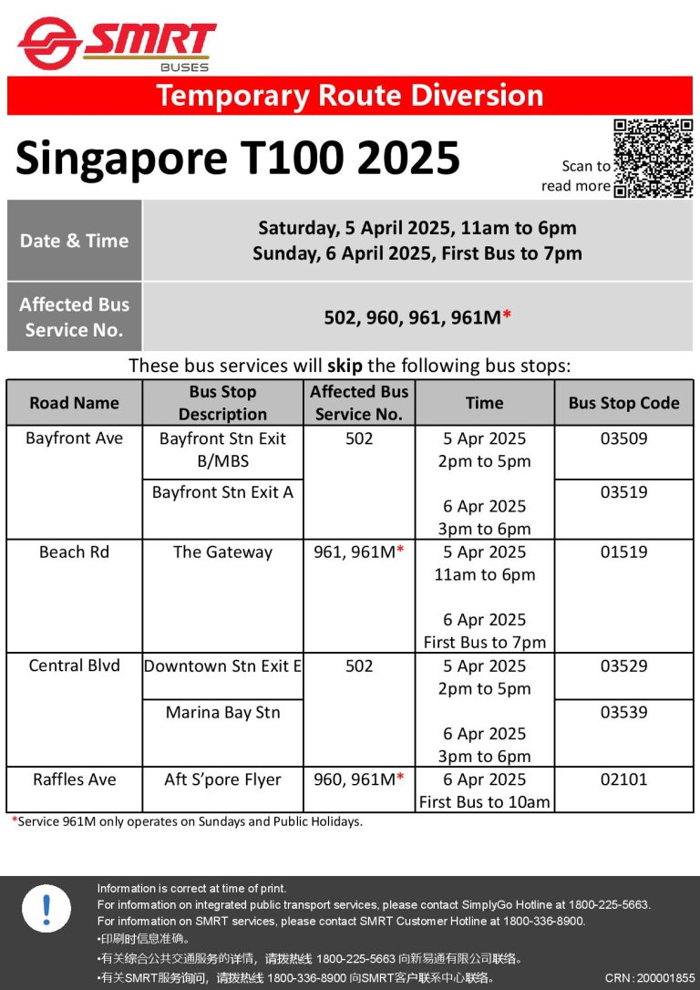 SMRT Buses Temporary Route Diversion Poster for Singapore T100 2025 ...
