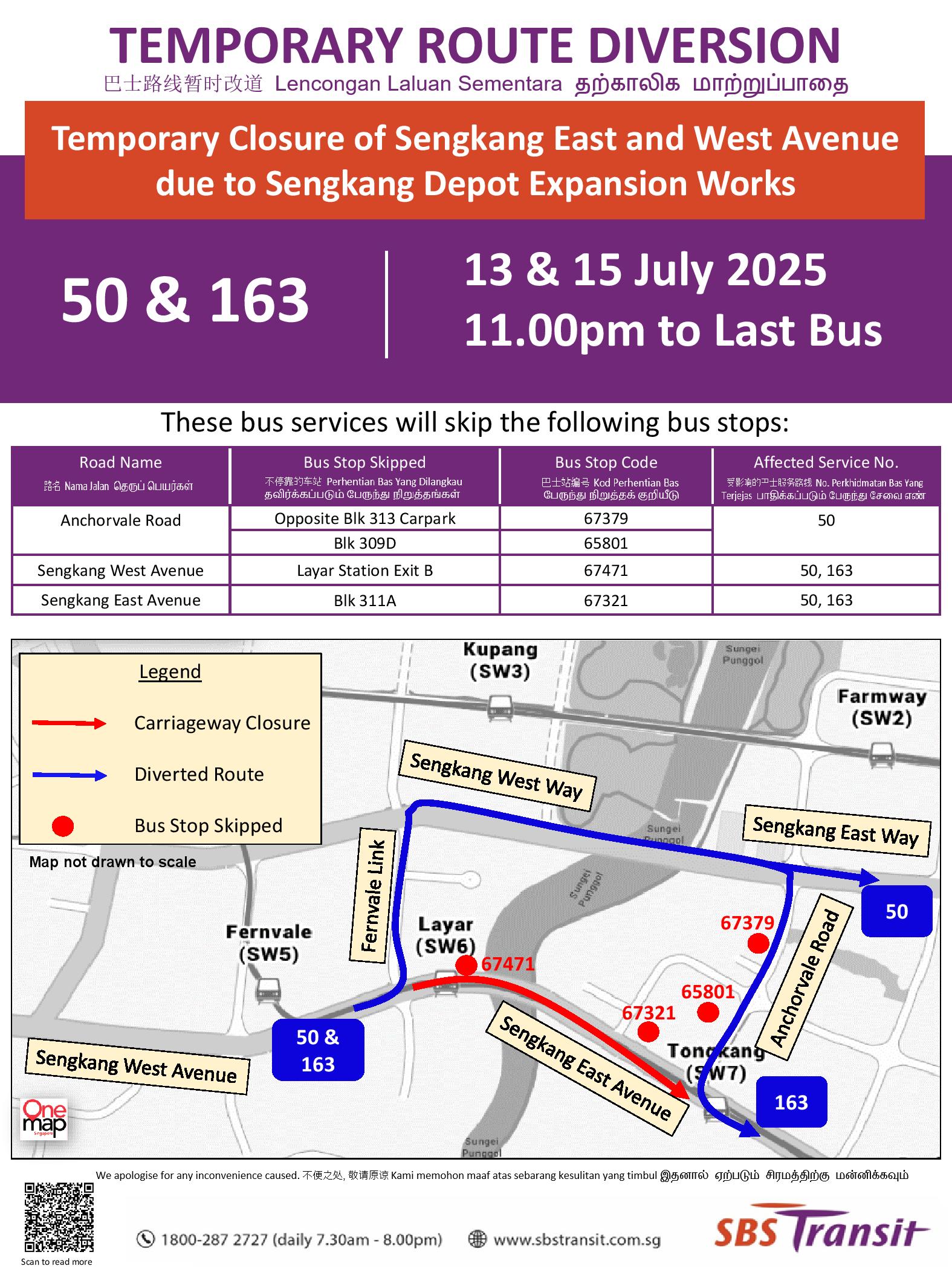 SBS Transit Temporary Route Diversion Poster for Sengkang Depot Expansion Works (Jul 2025 ...